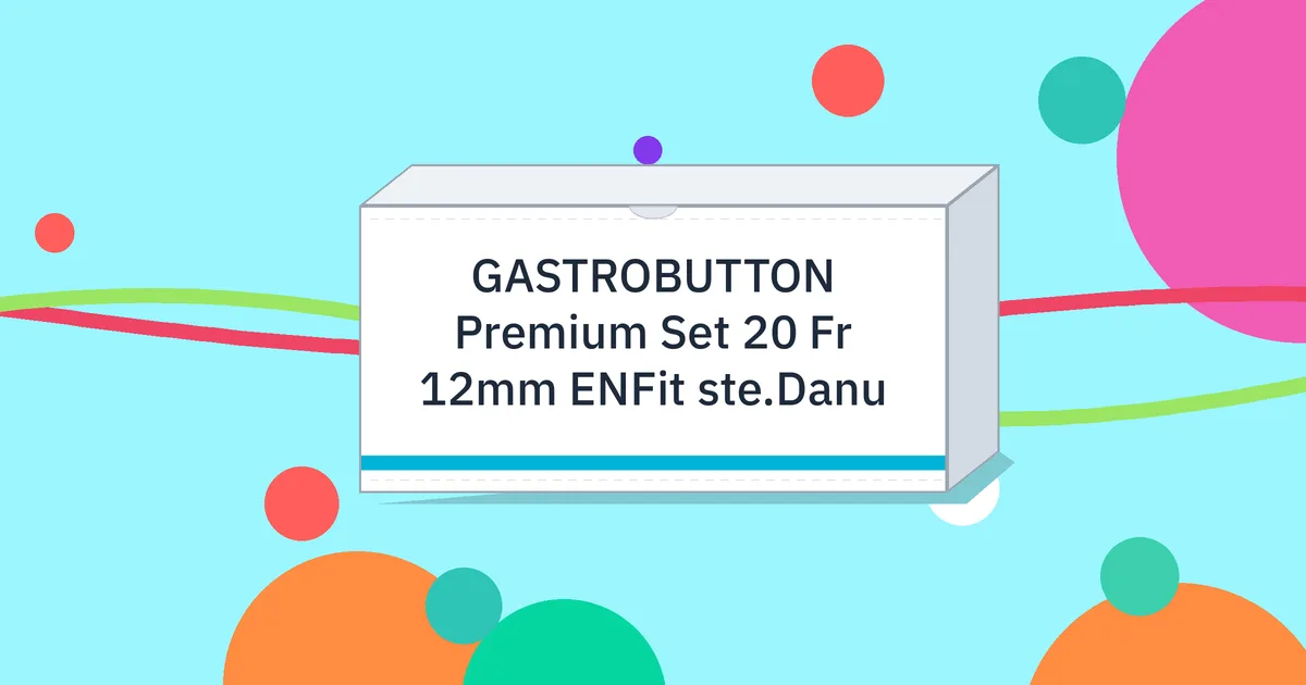 Symbolbild: Packung mit der Aufschrift GASTROBUTTON Premium Set 20 Fr 12mm ENFit ste.Danu (PZN 16883912) – Verfügbarkeit und Bezug in Apotheken in Frankfurt am Main