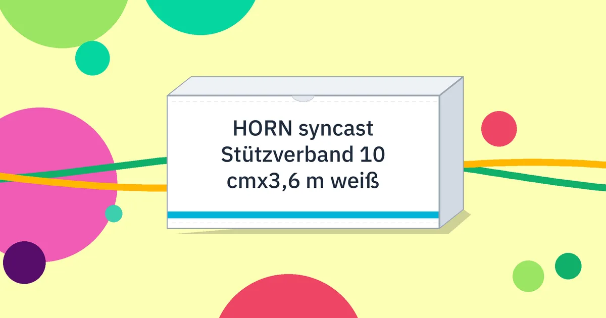 Symbolbild: Packung mit der Aufschrift HORN syncast Stützverband 10 cmx3,6 m weiß (PZN 04673121) – Verfügbarkeit und Bezug in Apotheken in Frankfurt am Main