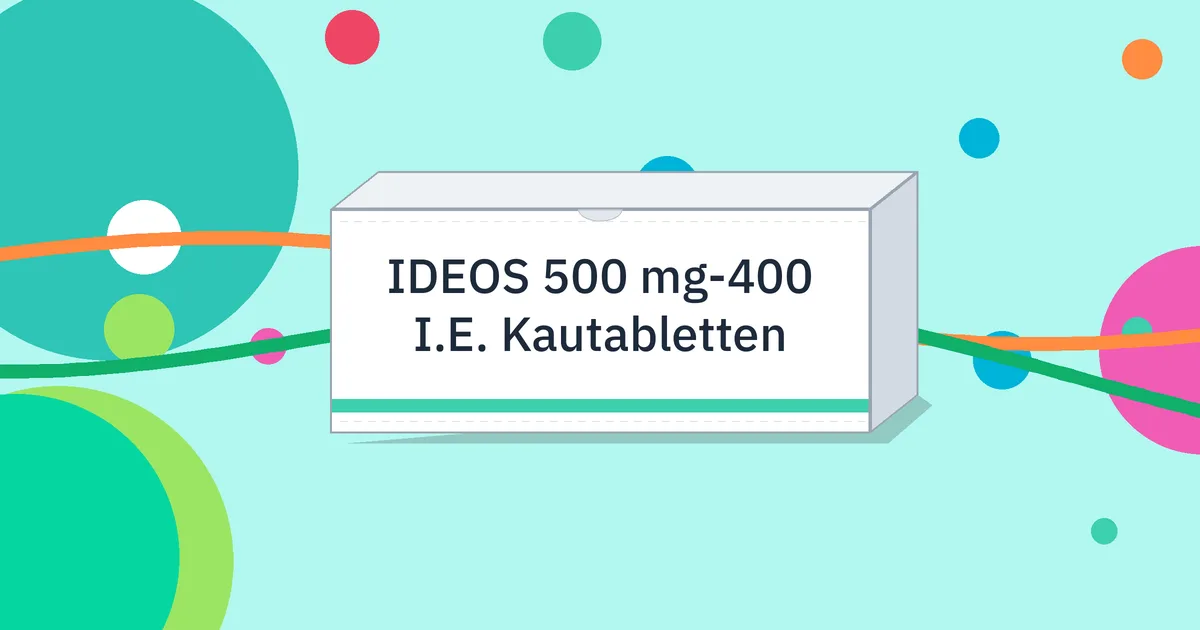 Symbolbild: Packung mit der Aufschrift IDEOS 500 mg-400 I.E. Kautabletten (PZN 11150760) – Verfügbarkeit und Bezug in Apotheken in Frankfurt am Main