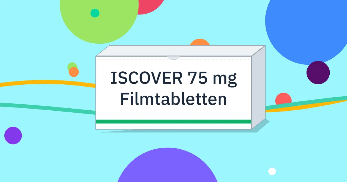 Symbolbild: Packung mit der Aufschrift ISCOVER 75 mg Filmtabletten (PZN 02416288) – Verfügbarkeit und Bezug in Apotheken in Frankfurt am Main