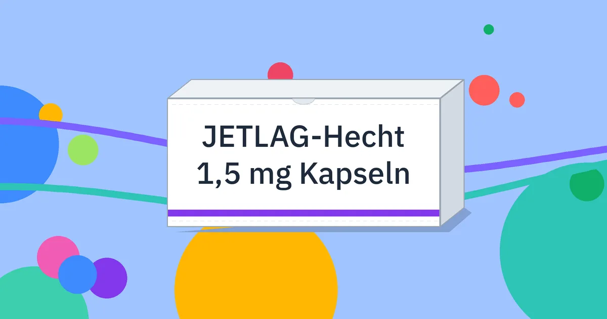 Symbolbild: Packung mit der Aufschrift JETLAG-Hecht 1,5 mg Kapseln (PZN 06832523) – Verfügbarkeit und Bezug in Apotheken in Frankfurt am Main