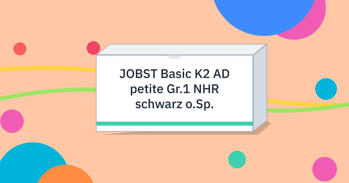 Symbolbild: Packung mit der Aufschrift JOBST Basic K2 AD petite Gr.1 NHR schwarz o.Sp. (PZN 15313182) – Verfügbarkeit und Bezug in Apotheken in Frankfurt am Main