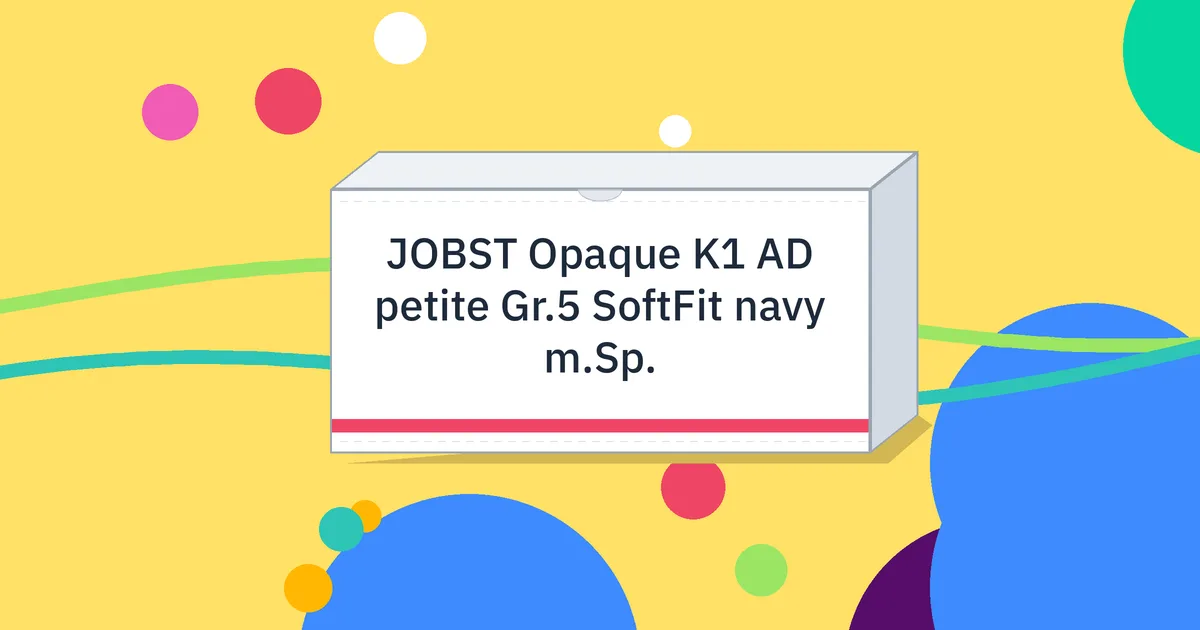 Symbolbild: Packung mit der Aufschrift JOBST Opaque K1 AD petite Gr.5 SoftFit navy m.Sp. (PZN 13079440) – Verfügbarkeit und Bezug in Apotheken in Frankfurt am Main