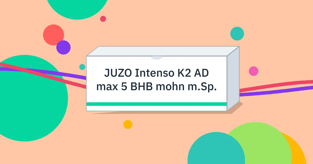 Symbolbild: Packung mit der Aufschrift JUZO Intenso K2 AD max 5 BHB mohn m.Sp. (PZN 18616517) – Verfügbarkeit und Bezug in Apotheken in Frankfurt am Main
