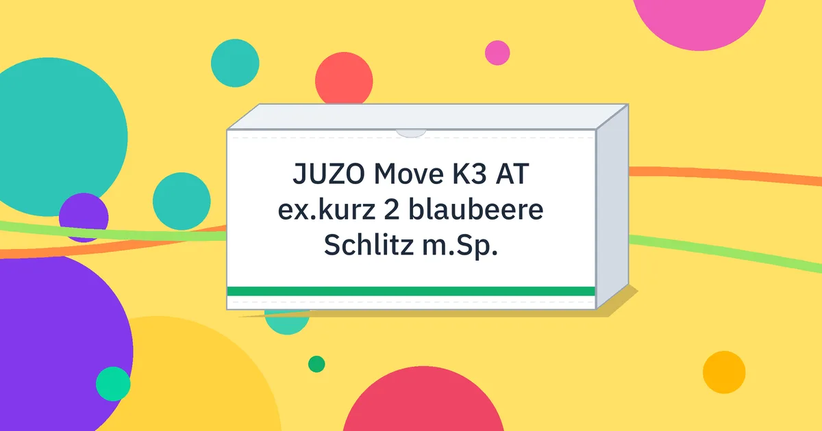 Symbolbild: Packung mit der Aufschrift JUZO Move K3 AT ex.kurz 2 blaubeere Schlitz m.Sp. (PZN 20681108) – Verfügbarkeit und Bezug in Apotheken in Frankfurt am Main