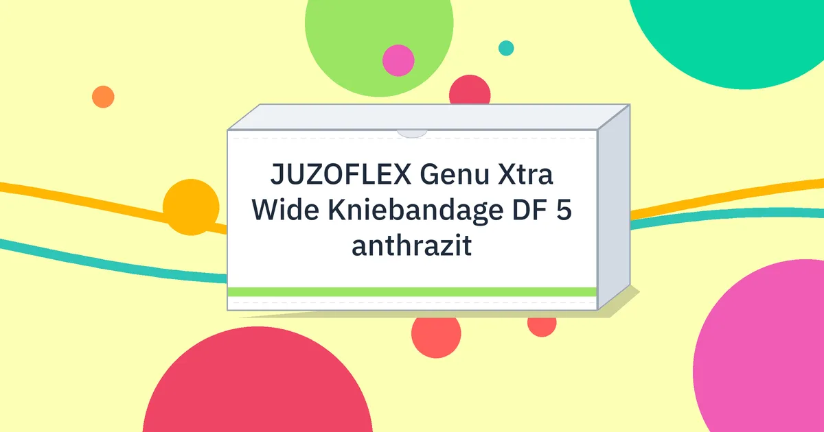 Symbolbild: Packung mit der Aufschrift JUZOFLEX Genu Xtra Wide Kniebandage DF 5 anthrazit (PZN 16497853) – Verfügbarkeit und Bezug in Apotheken in Frankfurt am Main
