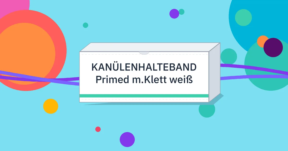 Symbolbild: Packung mit der Aufschrift KANÜLENHALTEBAND Primed m.Klett weiß (PZN 07483591) – Verfügbarkeit und Bezug in Apotheken in Frankfurt am Main