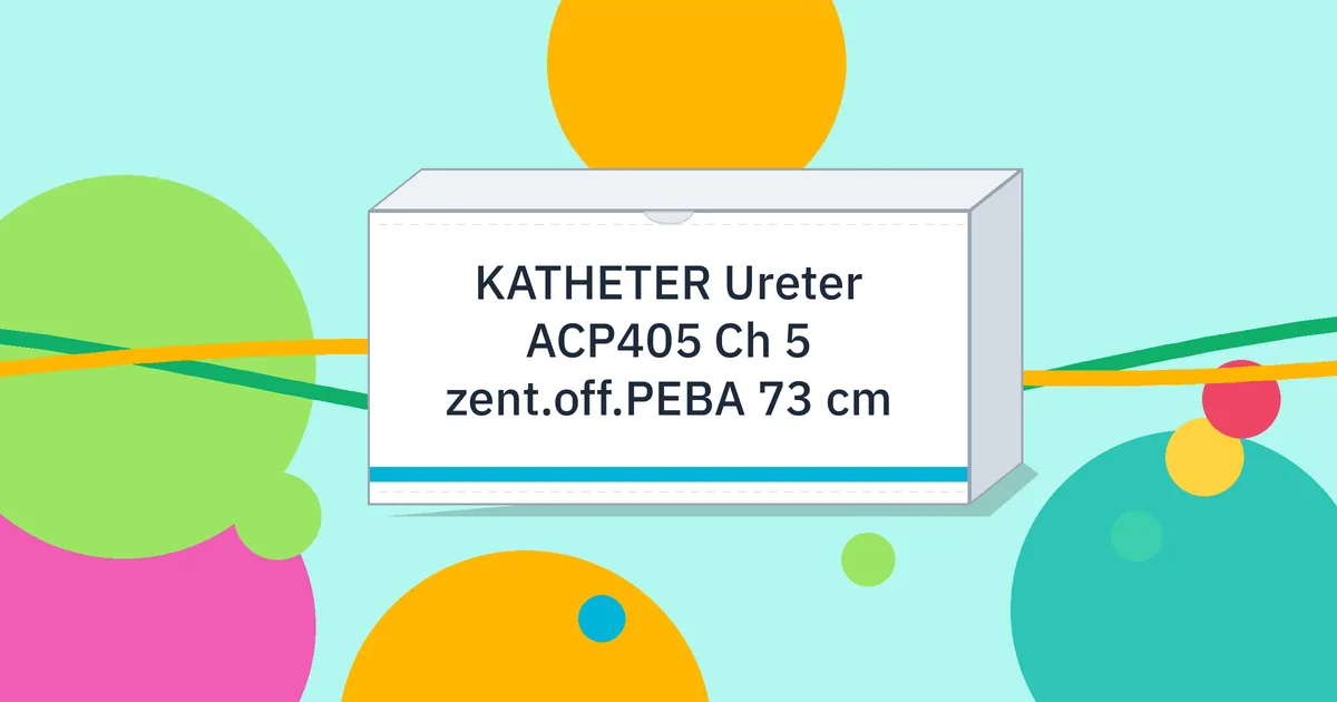 Symbolbild: Packung mit der Aufschrift KATHETER Ureter ACP405 Ch 5 zent.off.PEBA 73 cm (PZN 00205050) – Verfügbarkeit und Bezug in Apotheken in Frankfurt am Main