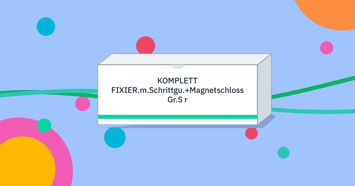 Symbolbild: Packung mit der Aufschrift KOMPLETT FIXIER.m.Schrittgu.+Magnetschloss Gr.S r (PZN 11573058) – Verfügbarkeit und Bezug in Apotheken in Frankfurt am Main