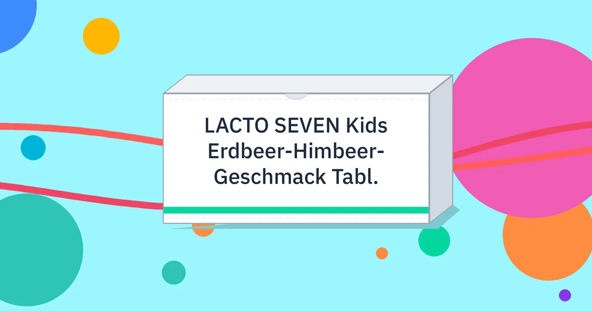Symbolbild: Packung mit der Aufschrift LACTO SEVEN Kids Erdbeer-Himbeer-Geschmack Tabl. (PZN 13651650) – Verfügbarkeit und Bezug in Apotheken in Frankfurt am Main