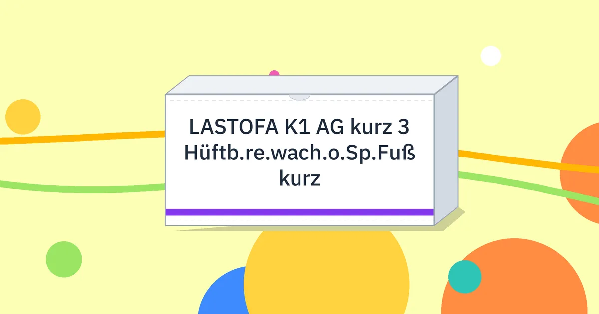 Symbolbild: Packung mit der Aufschrift LASTOFA K1 AG kurz 3 Hüftb.re.wach.o.Sp.Fuß kurz (PZN 13798146) – Verfügbarkeit und Bezug in Apotheken in Frankfurt am Main