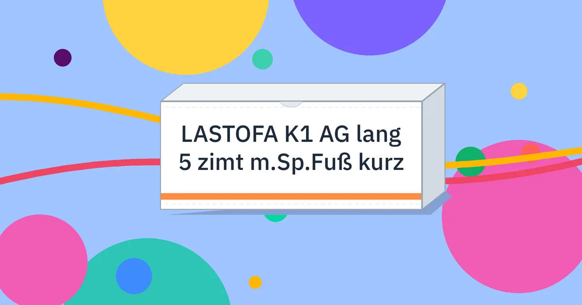 Symbolbild: Packung mit der Aufschrift LASTOFA K1 AG lang 5 zimt m.Sp.Fuß kurz (PZN 13792988) – Verfügbarkeit und Bezug in Apotheken in Frankfurt am Main