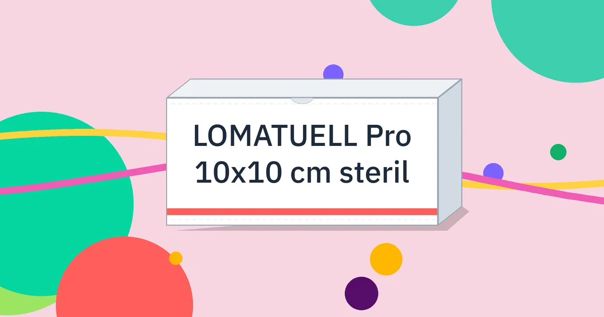 Symbolbild: Packung mit der Aufschrift LOMATUELL Pro 10x10 cm steril (PZN 17422544) – Verfügbarkeit und Bezug in Apotheken in Frankfurt am Main