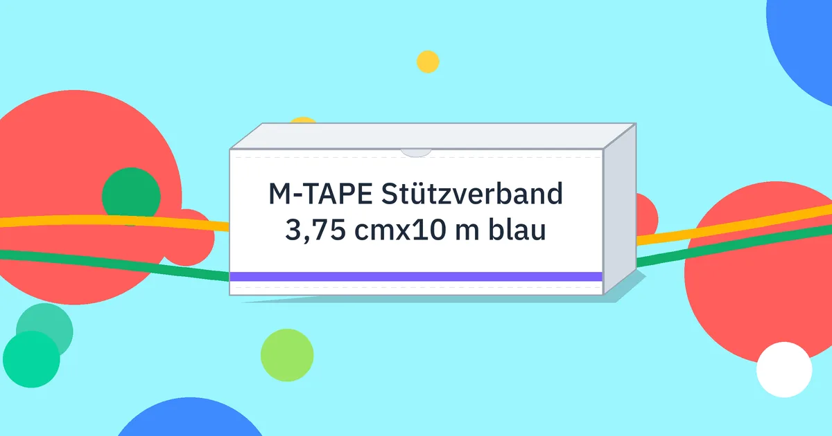 Symbolbild: Packung mit der Aufschrift M-TAPE Stützverband 3,75 cmx10 m blau (PZN 02512543) – Verfügbarkeit und Bezug in Apotheken in Frankfurt am Main