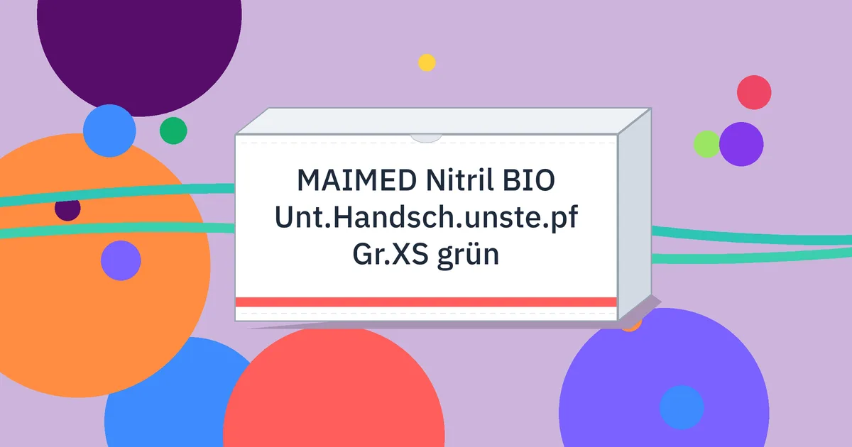 Symbolbild: Packung mit der Aufschrift MAIMED Nitril BIO Unt.Handsch.unste.pf Gr.XS grün (PZN 18445990) – Verfügbarkeit und Bezug in Apotheken in Frankfurt am Main