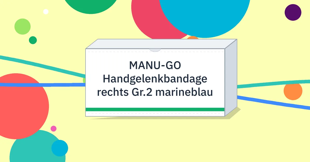 Symbolbild: Packung mit der Aufschrift MANU-GO Handgelenkbandage rechts Gr.2 marineblau (PZN 19742537) – Verfügbarkeit und Bezug in Apotheken in Frankfurt am Main