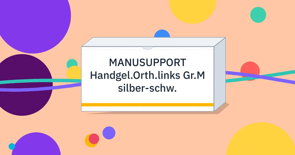Symbolbild: Packung mit der Aufschrift MANUSUPPORT Handgel.Orth.links Gr.M silber-schw. (PZN 11096919) – Verfügbarkeit und Bezug in Apotheken in Frankfurt am Main