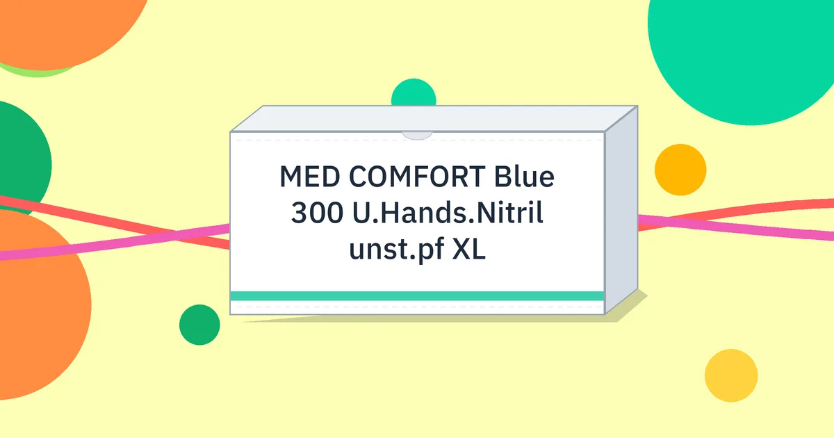 Symbolbild: Packung mit der Aufschrift MED COMFORT Blue 300 U.Hands.Nitril unst.pf XL (PZN 15560242) – Verfügbarkeit und Bezug in Apotheken in Frankfurt am Main