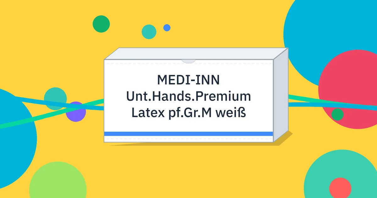 Symbolbild: Packung mit der Aufschrift MEDI-INN Unt.Hands.Premium Latex pf.Gr.M weiß (PZN 04601877) – Verfügbarkeit und Bezug in Apotheken in Frankfurt am Main