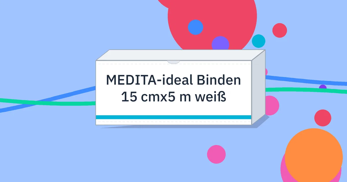 Symbolbild: Packung mit der Aufschrift MEDITA-ideal Binden 15 cmx5 m weiß (PZN 19452153) – Verfügbarkeit und Bezug in Apotheken in Frankfurt am Main