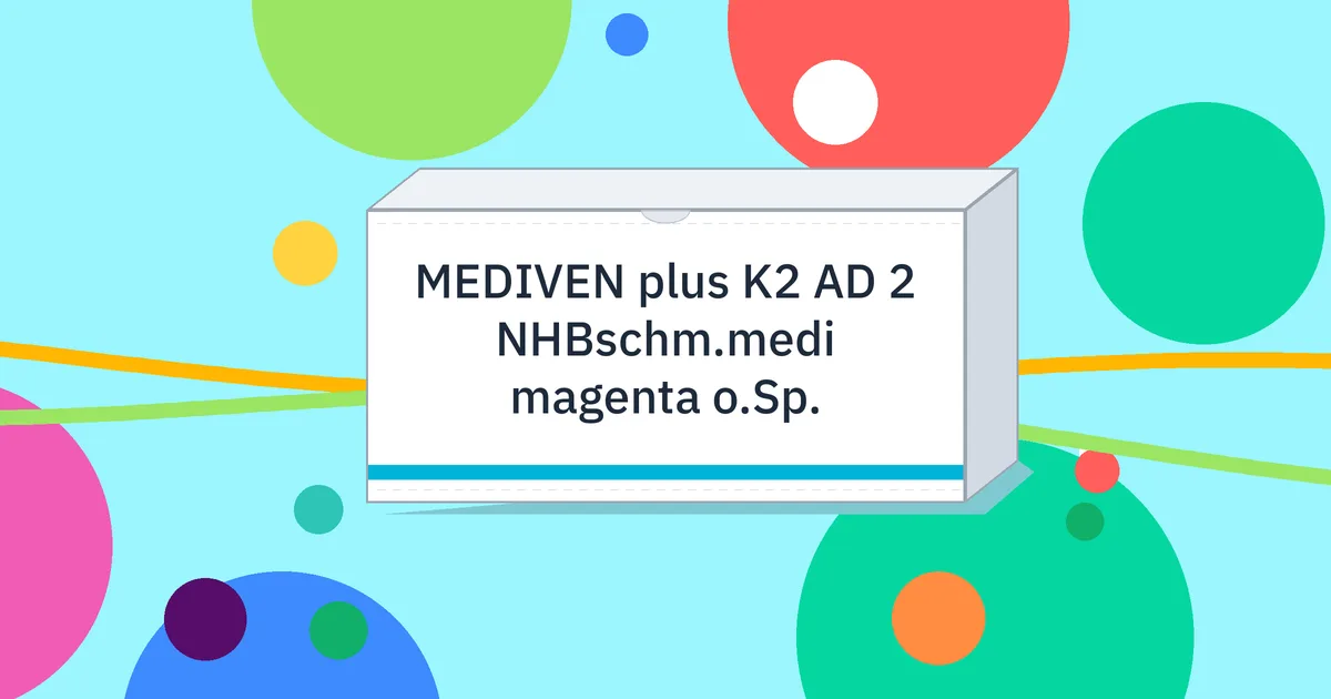 Symbolbild: Packung mit der Aufschrift MEDIVEN plus K2 AD 2 NHBschm.medi magenta o.Sp. (PZN 15938479) – Verfügbarkeit und Bezug in Apotheken in Frankfurt am Main