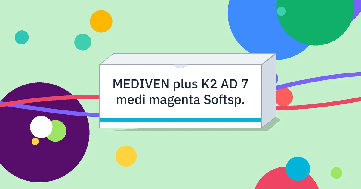 Symbolbild: Packung mit der Aufschrift MEDIVEN plus K2 AD 7 medi magenta Softsp. (PZN 15093444) – Verfügbarkeit und Bezug in Apotheken in Frankfurt am Main