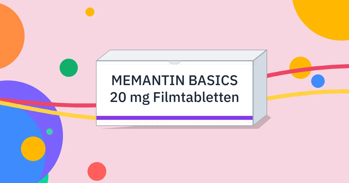 Symbolbild: Packung mit der Aufschrift MEMANTIN BASICS 20 mg Filmtabletten (PZN 10080046) – Verfügbarkeit und Bezug in Apotheken in Frankfurt am Main