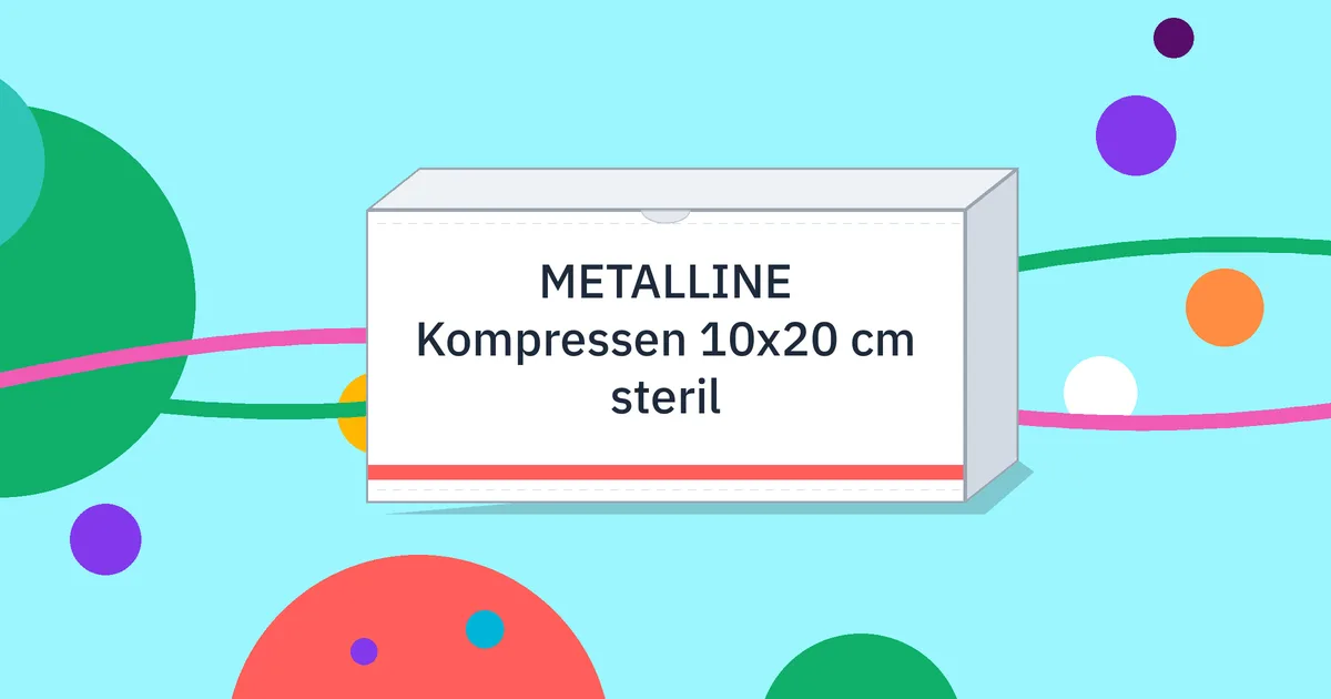 Symbolbild: Packung mit der Aufschrift METALLINE Kompressen 10x20 cm steril (PZN 19813148) – Verfügbarkeit und Bezug in Apotheken in Frankfurt am Main