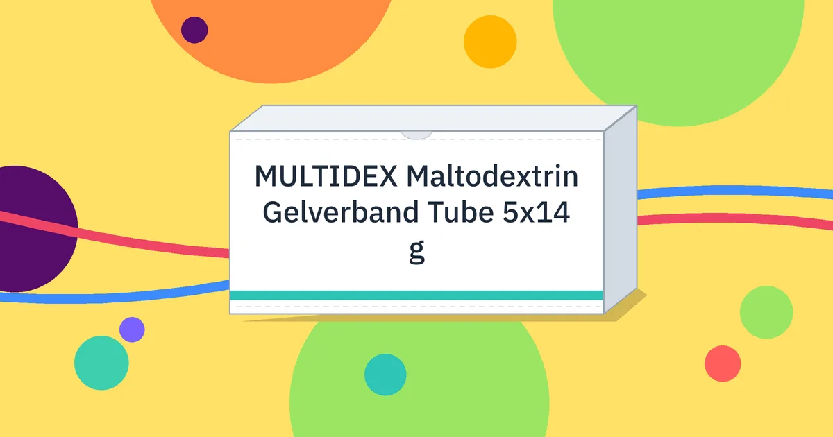Symbolbild: Packung mit der Aufschrift MULTIDEX Maltodextrin Gelverband Tube 5x14 g (PZN 19436556) – Verfügbarkeit und Bezug in Apotheken in Frankfurt am Main