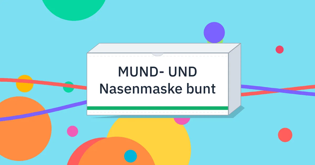 Symbolbild: Packung mit der Aufschrift MUND- UND Nasenmaske bunt (PZN 01967709) – Verfügbarkeit und Bezug in Apotheken in Frankfurt am Main
