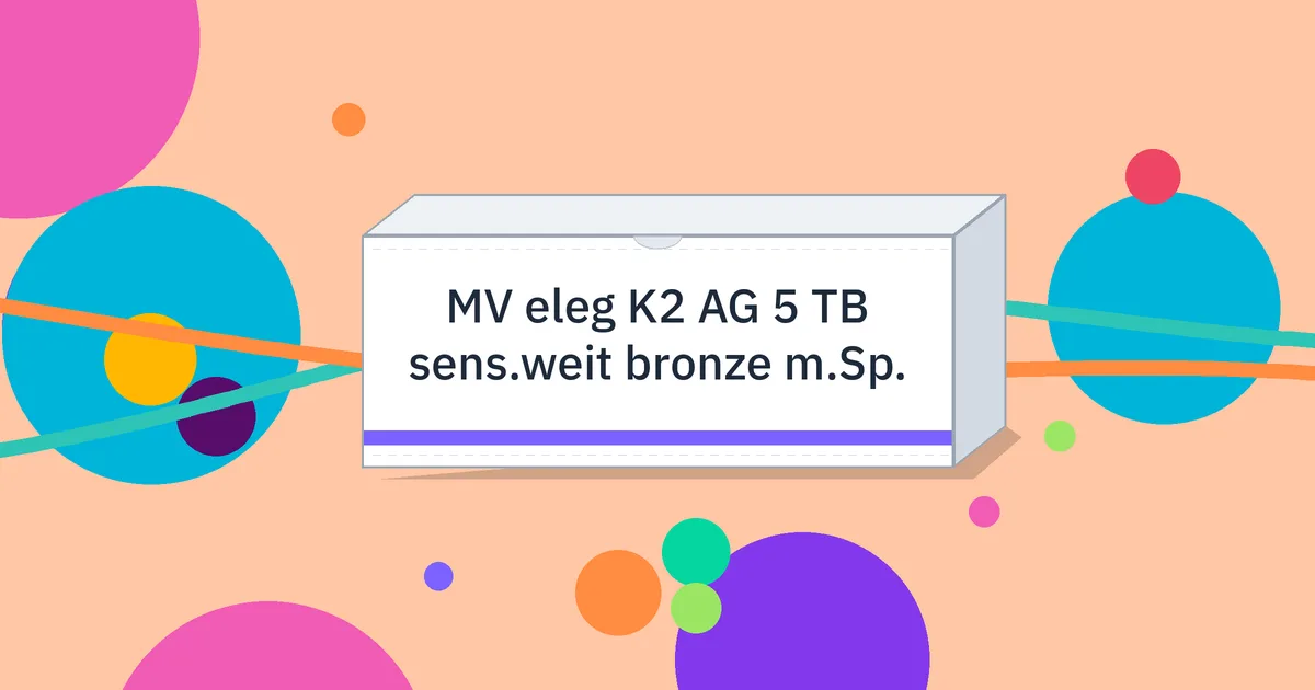 Symbolbild: Packung mit der Aufschrift MV eleg K2 AG 5 TB sens.weit bronze m.Sp. (PZN 14719114) – Verfügbarkeit und Bezug in Apotheken in Frankfurt am Main