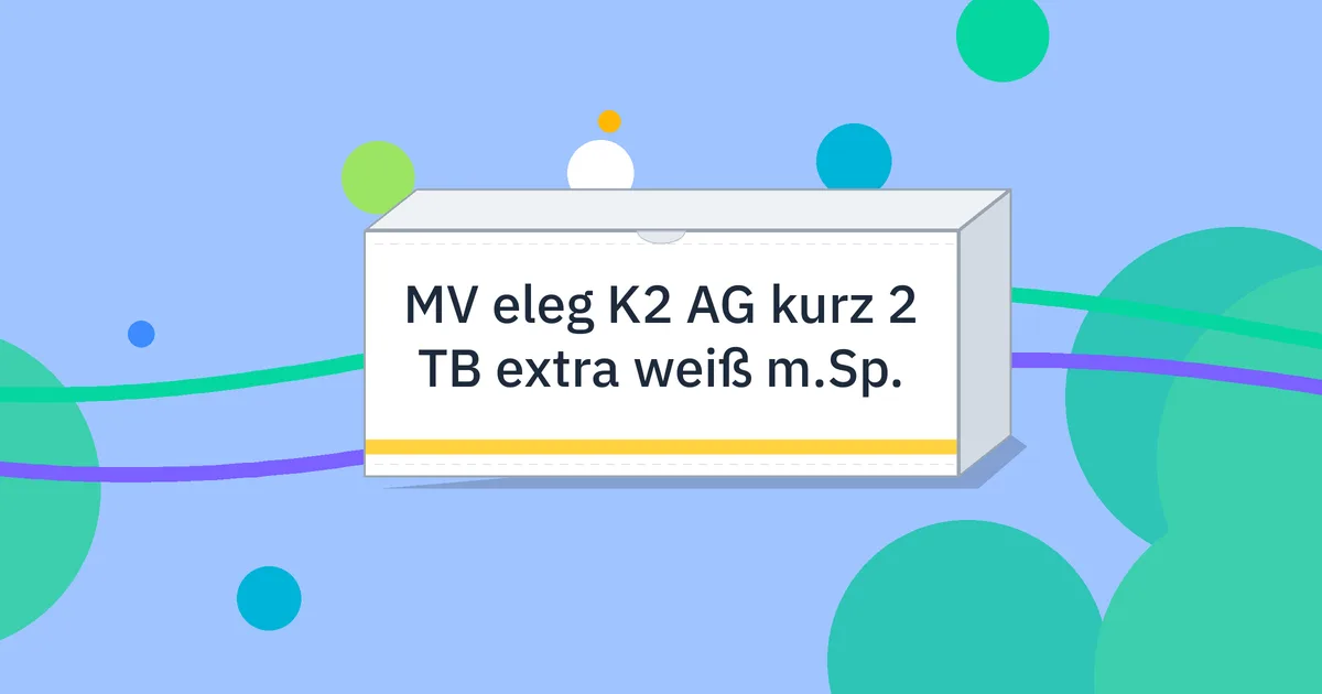 Symbolbild: Packung mit der Aufschrift MV eleg K2 AG kurz 2 TB extra weiß m.Sp. (PZN 09879583) – Verfügbarkeit und Bezug in Apotheken in Frankfurt am Main