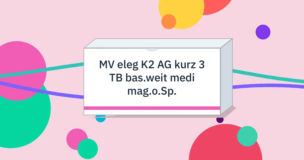 Symbolbild: Packung mit der Aufschrift MV eleg K2 AG kurz 3 TB bas.weit medi mag.o.Sp. (PZN 14638255) – Verfügbarkeit und Bezug in Apotheken in Frankfurt am Main