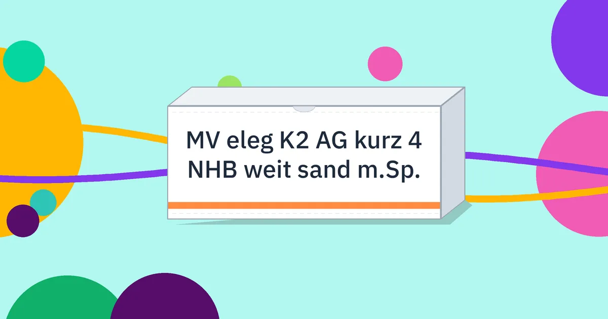 Symbolbild: Packung mit der Aufschrift MV eleg K2 AG kurz 4 NHB weit sand m.Sp. (PZN 18925247) – Verfügbarkeit und Bezug in Apotheken in Frankfurt am Main