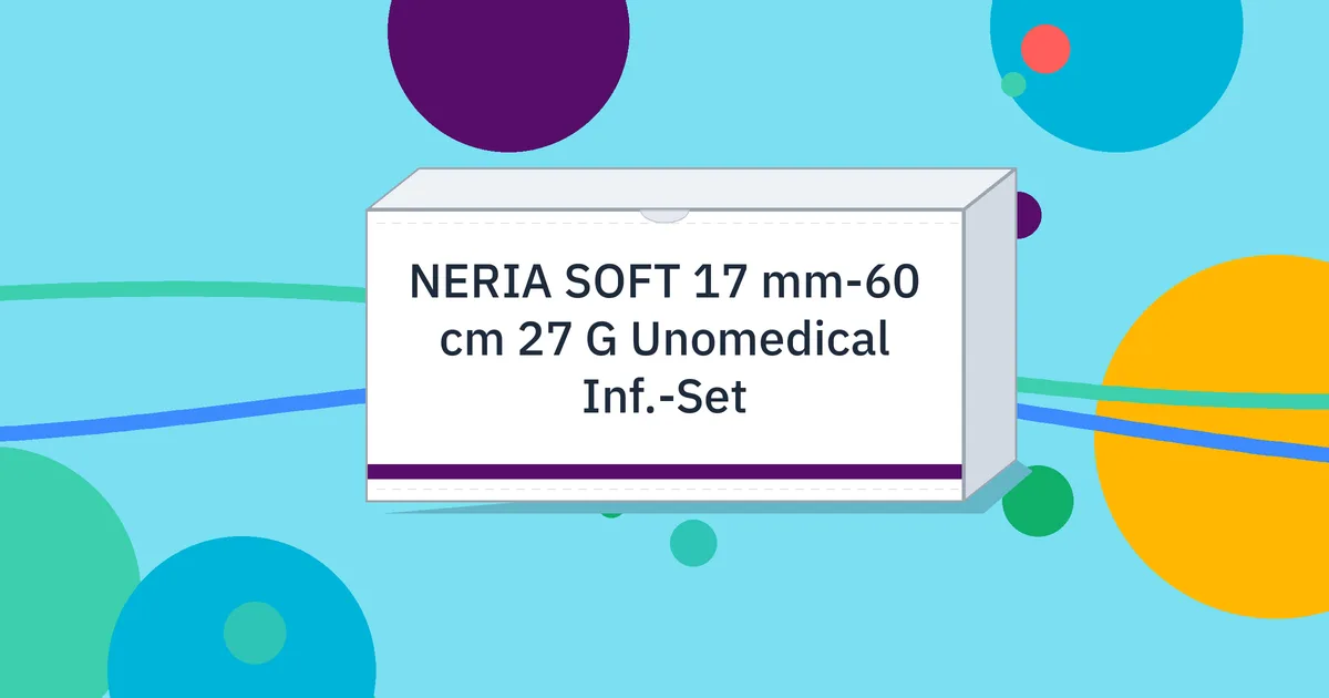 Symbolbild: Packung mit der Aufschrift NERIA SOFT 17 mm-60 cm 27 G Unomedical Inf.-Set (PZN 18673165) – Verfügbarkeit und Bezug in Apotheken in Frankfurt am Main
