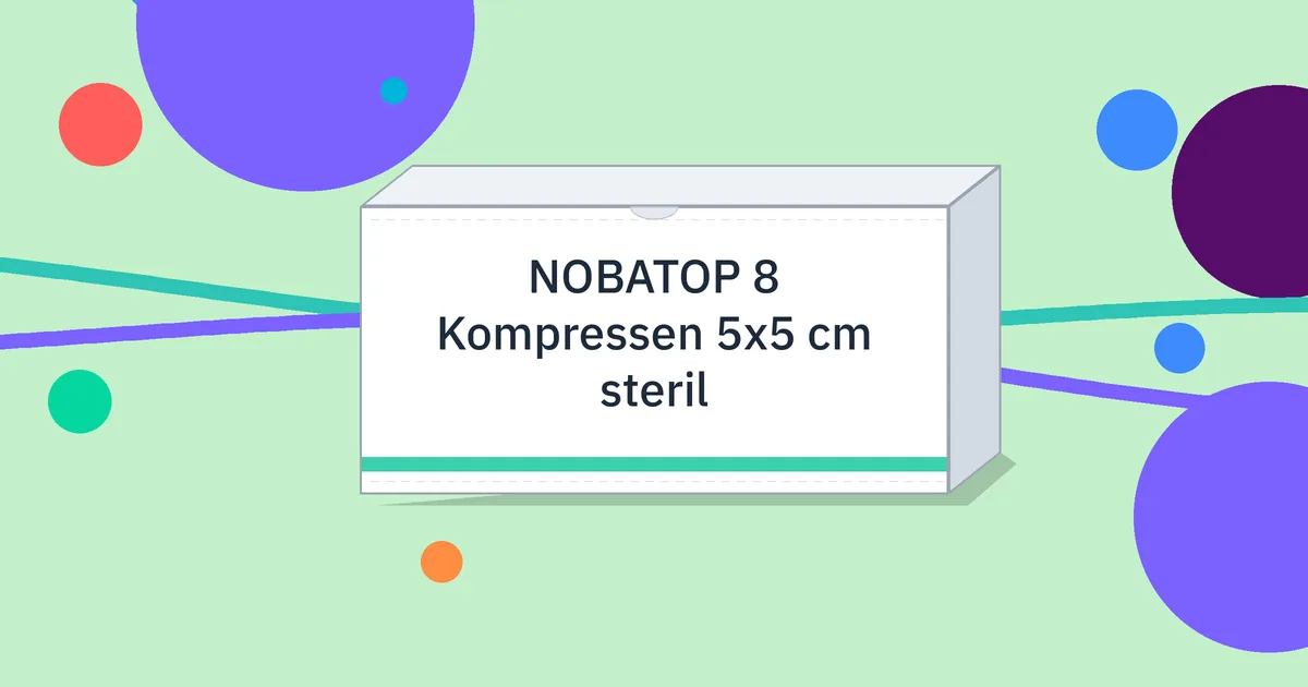 Symbolbild: Packung mit der Aufschrift NOBATOP 8 Kompressen 5x5 cm steril (PZN 18397593) – Verfügbarkeit und Bezug in Apotheken in Frankfurt am Main