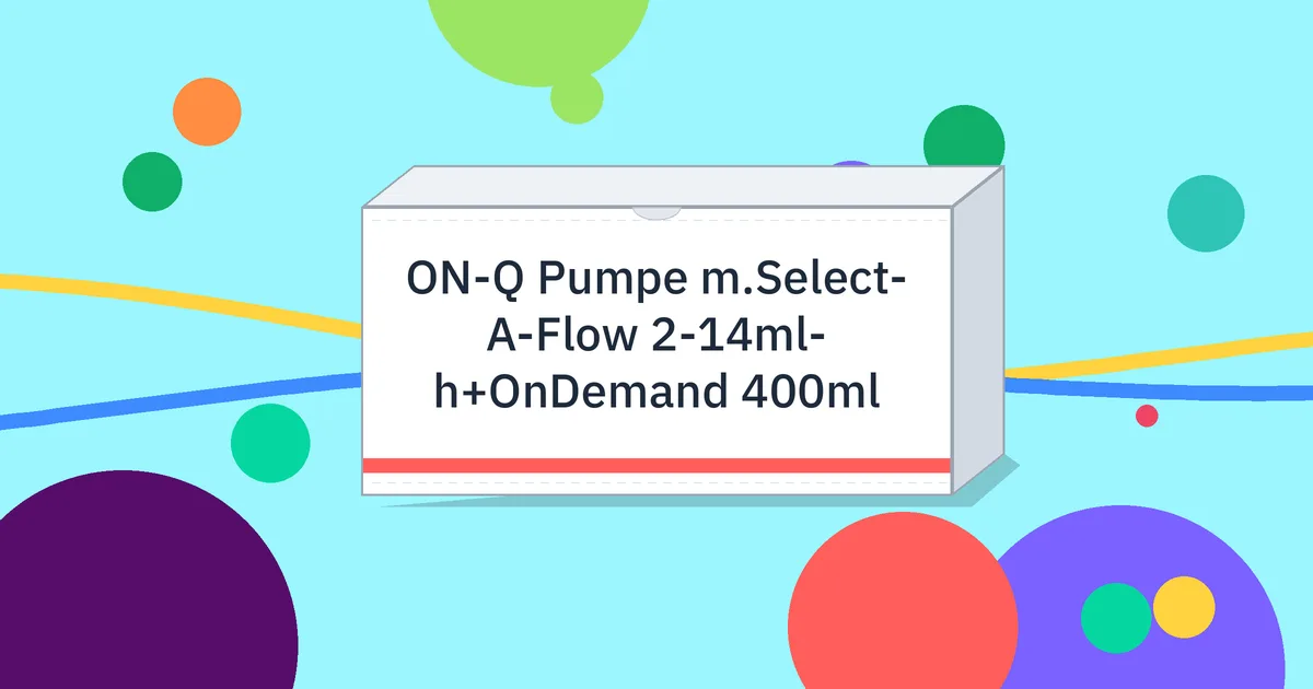 Symbolbild: Packung mit der Aufschrift ON-Q Pumpe m.Select-A-Flow 2-14ml-h+OnDemand 400ml (PZN 14276792) – Verfügbarkeit und Bezug in Apotheken in Frankfurt am Main