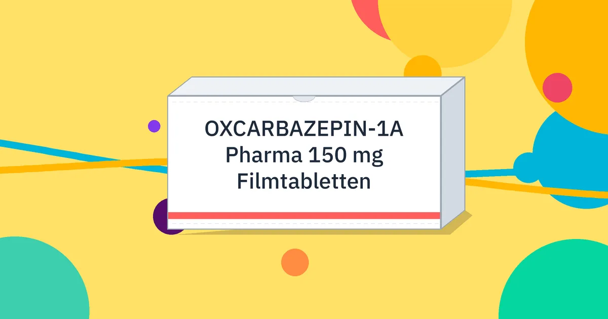 Symbolbild: Packung mit der Aufschrift OXCARBAZEPIN-1A Pharma 150 mg Filmtabletten (PZN 09318442) – Verfügbarkeit und Bezug in Apotheken in Frankfurt am Main