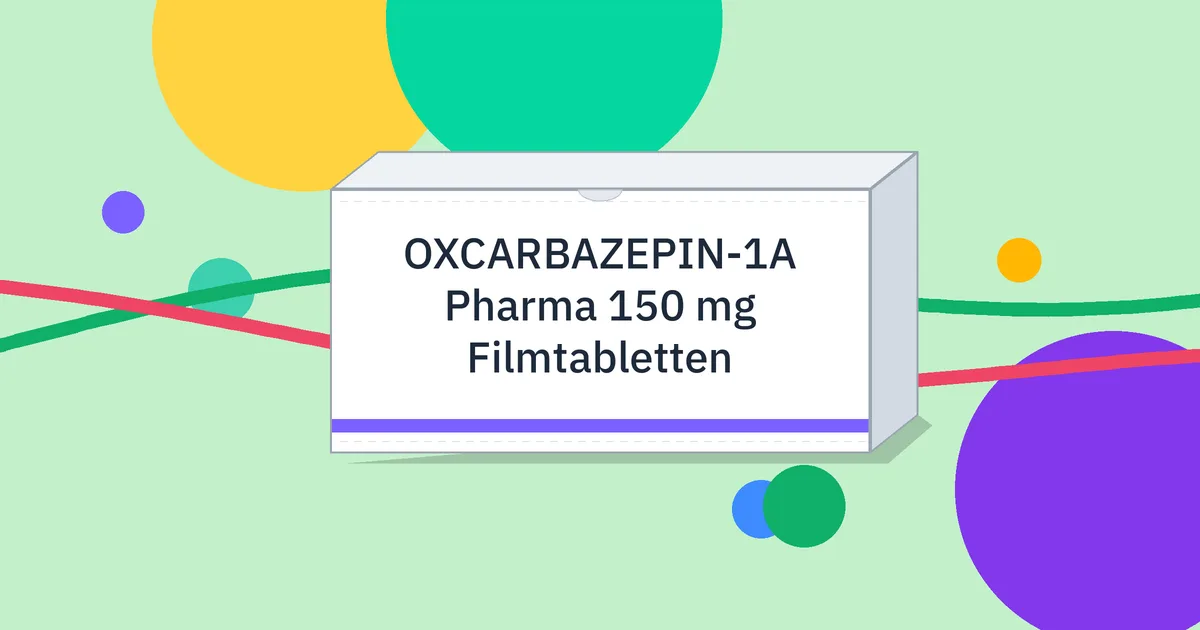 Symbolbild: Packung mit der Aufschrift OXCARBAZEPIN-1A Pharma 150 mg Filmtabletten (PZN 09318459) – Verfügbarkeit und Bezug in Apotheken in Frankfurt am Main