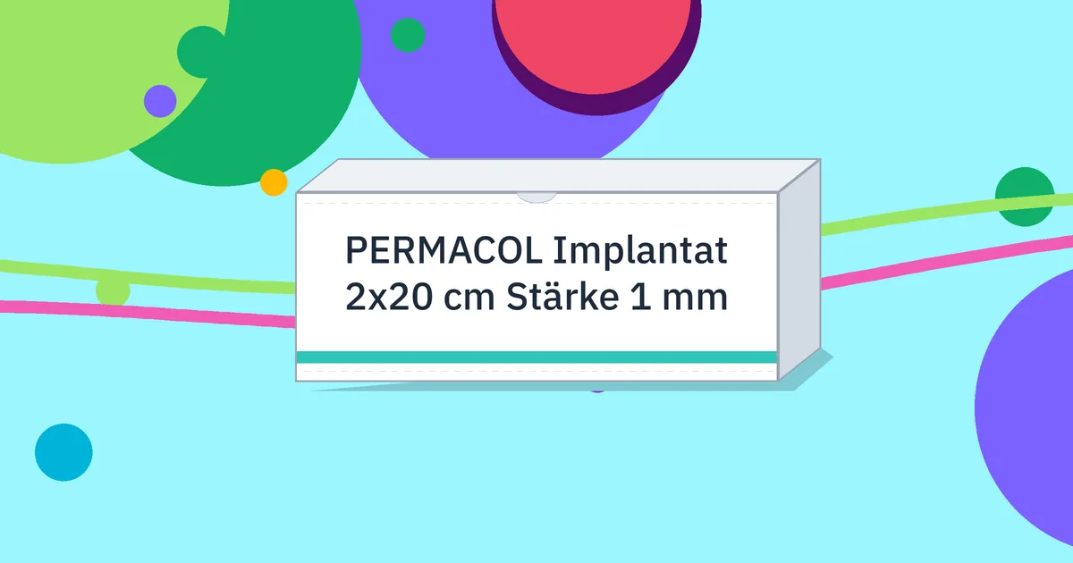 Symbolbild: Packung mit der Aufschrift PERMACOL Implantat 2x20 cm Stärke 1 mm (PZN 05869501) – Verfügbarkeit und Bezug in Apotheken in Frankfurt am Main