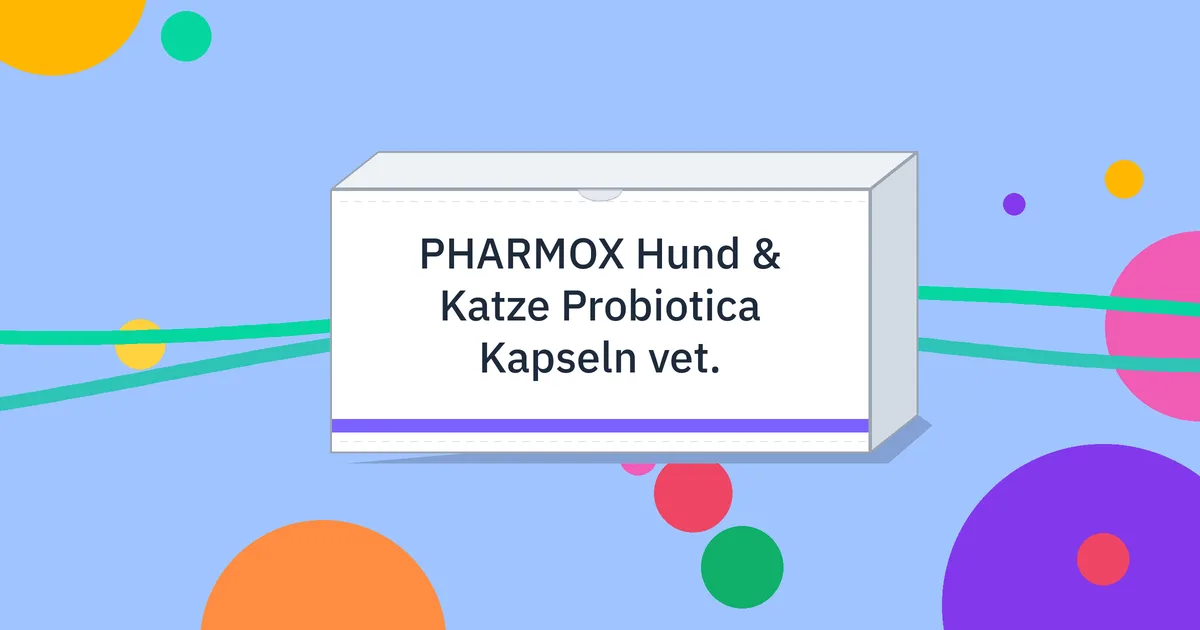 Symbolbild: Packung mit der Aufschrift PHARMOX Hund & Katze Probiotica Kapseln vet. (PZN 19728365) – Verfügbarkeit und Bezug in Apotheken in Frankfurt am Main