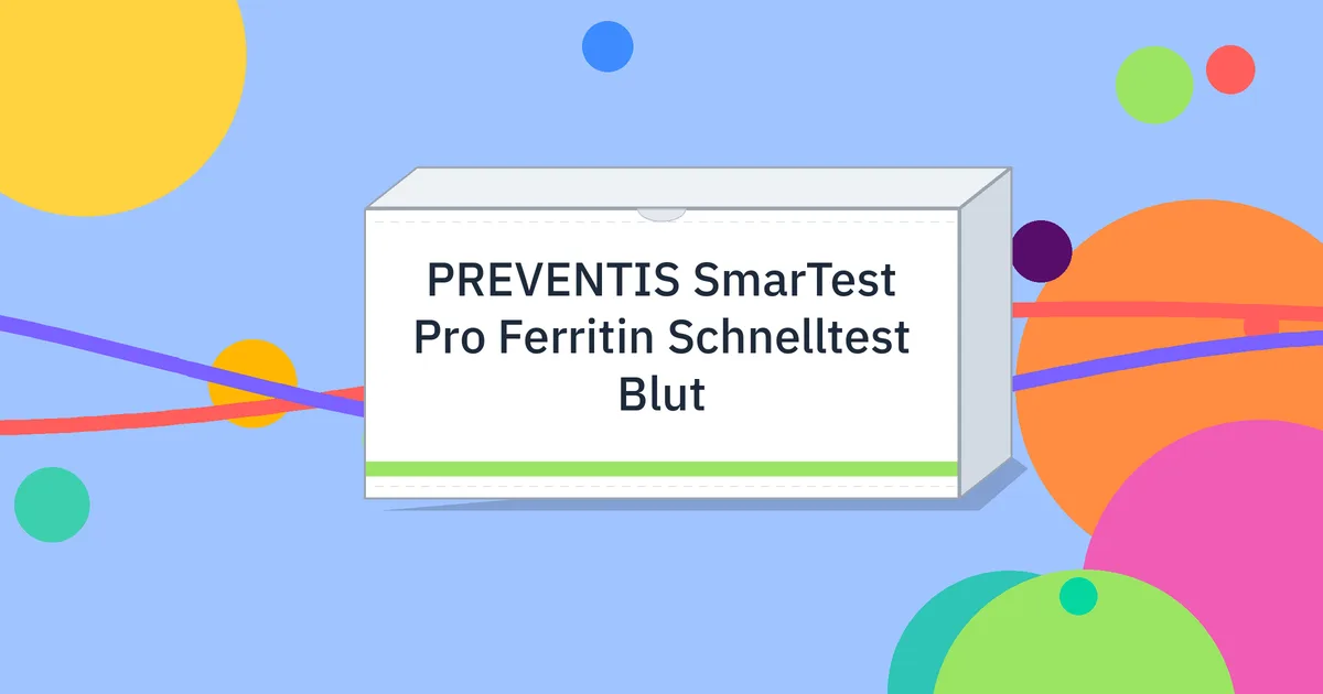 Symbolbild: Packung mit der Aufschrift PREVENTIS SmarTest Pro Ferritin Schnelltest Blut (PZN 18225840) – Verfügbarkeit und Bezug in Apotheken in Frankfurt am Main