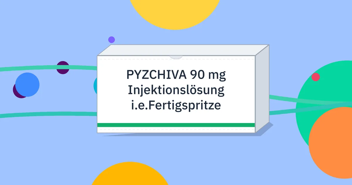 Symbolbild: Packung mit der Aufschrift PYZCHIVA 90 mg Injektionslösung i.e.Fertigspritze (PZN 20167021) – Verfügbarkeit und Bezug in Apotheken in Frankfurt am Main