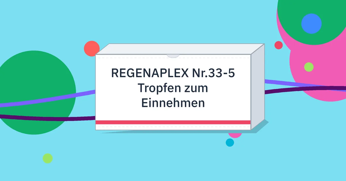 Symbolbild: Packung mit der Aufschrift REGENAPLEX Nr.33-5 Tropfen zum Einnehmen (PZN 02642412) – Verfügbarkeit und Bezug in Apotheken in Frankfurt am Main