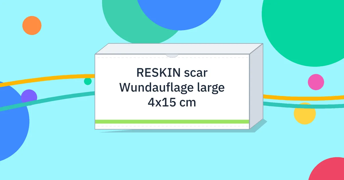 Symbolbild: Packung mit der Aufschrift RESKIN scar Wundauflage large 4x15 cm (PZN 18740269) – Verfügbarkeit und Bezug in Apotheken in Frankfurt am Main
