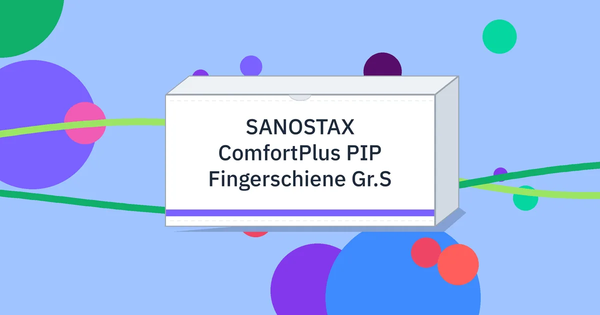 Symbolbild: Packung mit der Aufschrift SANOSTAX ComfortPlus PIP Fingerschiene Gr.S (PZN 13159363) – Verfügbarkeit und Bezug in Apotheken in Frankfurt am Main