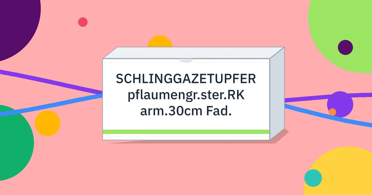Symbolbild: Packung mit der Aufschrift SCHLINGGAZETUPFER pflaumengr.ster.RK arm.30cm Fad. (PZN 16145249) – Verfügbarkeit und Bezug in Apotheken in Frankfurt am Main