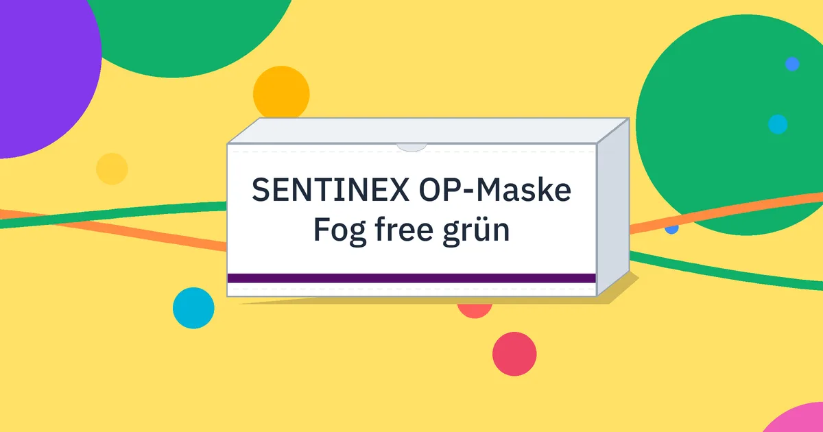 Symbolbild: Packung mit der Aufschrift SENTINEX OP-Maske Fog free grün (PZN 07473397) – Verfügbarkeit und Bezug in Apotheken in Frankfurt am Main