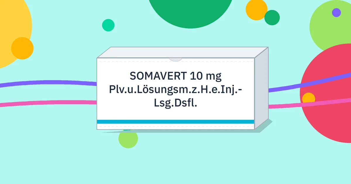 Symbolbild: Packung mit der Aufschrift SOMAVERT 10 mg Plv.u.Lösungsm.z.H.e.Inj.-Lsg.Dsfl. (PZN 15389682) – Verfügbarkeit und Bezug in Apotheken in Frankfurt am Main