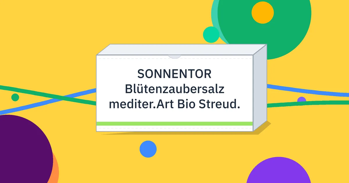 Symbolbild: Packung mit der Aufschrift SONNENTOR Blütenzaubersalz mediter.Art Bio Streud. (PZN 18902967) – Verfügbarkeit und Bezug in Apotheken in Frankfurt am Main